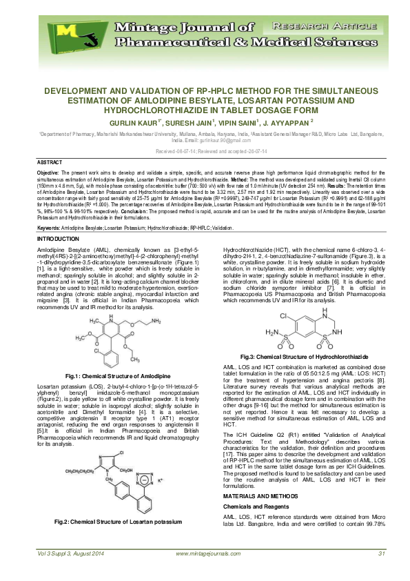 Pdf Development And Validation Of Rp Hplc Method For The Simultaneous Estimation Of Amlodipine