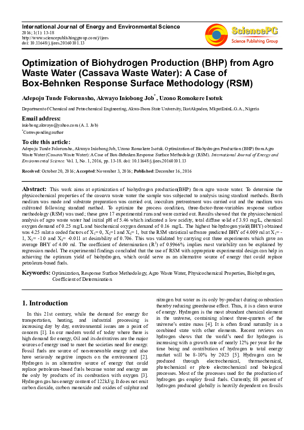 (PDF) Optimization of Biohydrogen Production (BHP) from Agro Waste Water (Cassava Waste Water ...