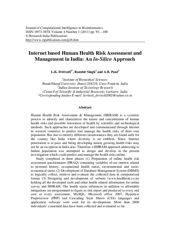 (PDF) Internet based Human Health Risk Assessment and Management in ...