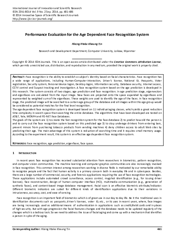 (PDF) Performance Evaluation for the Age Dependent Face Recognition System