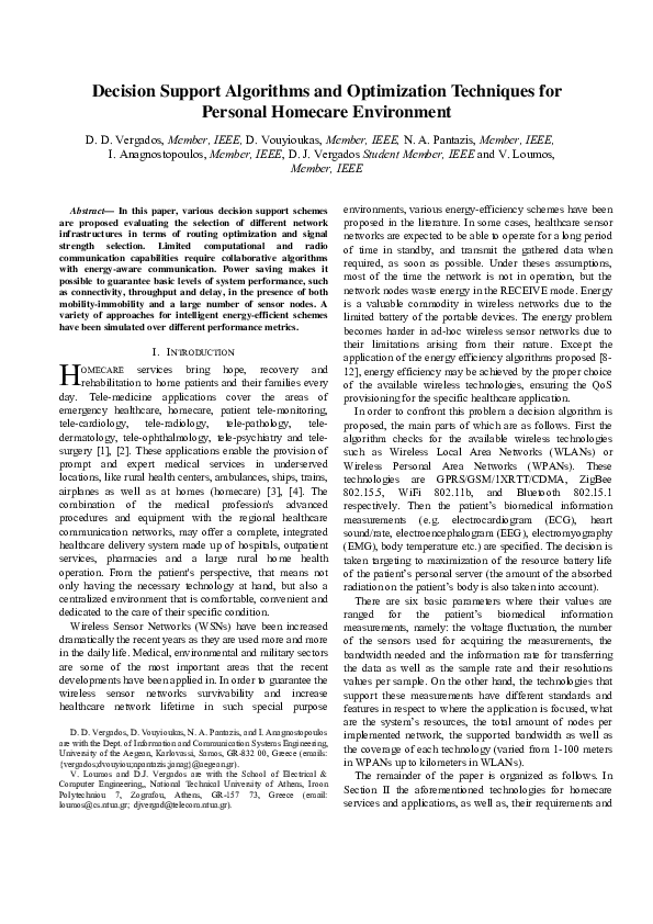 (PDF) Decision support algorithms and optimization techniques for personal homecare environment