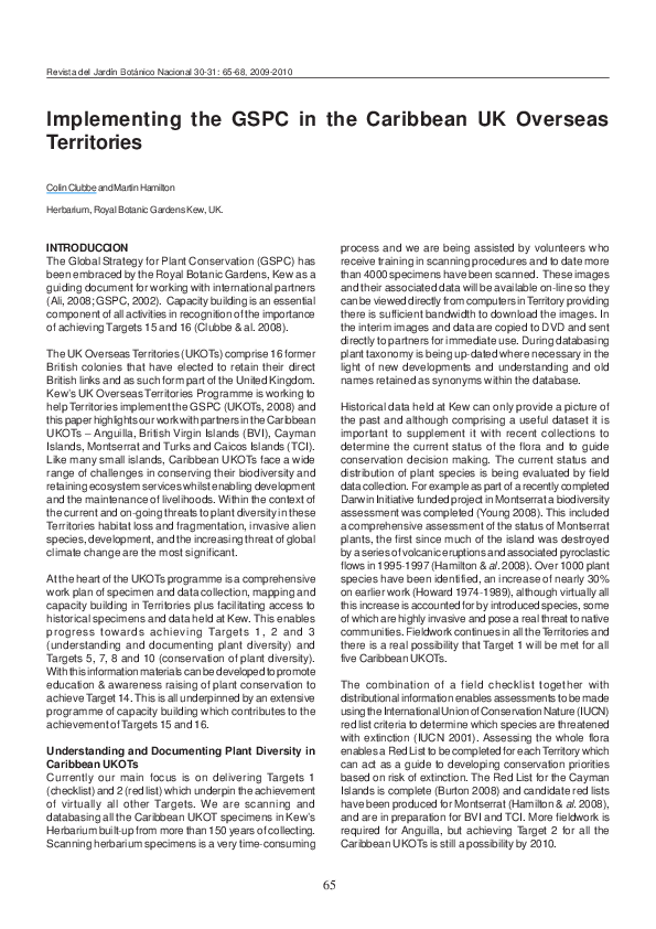 (PDF) Implementing the GSPC in the Caribbean UK Overseas Territories