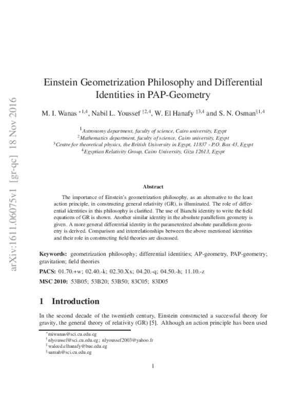 (PDF) Einstein Geometrization Philosophy and Differential Identities in ...