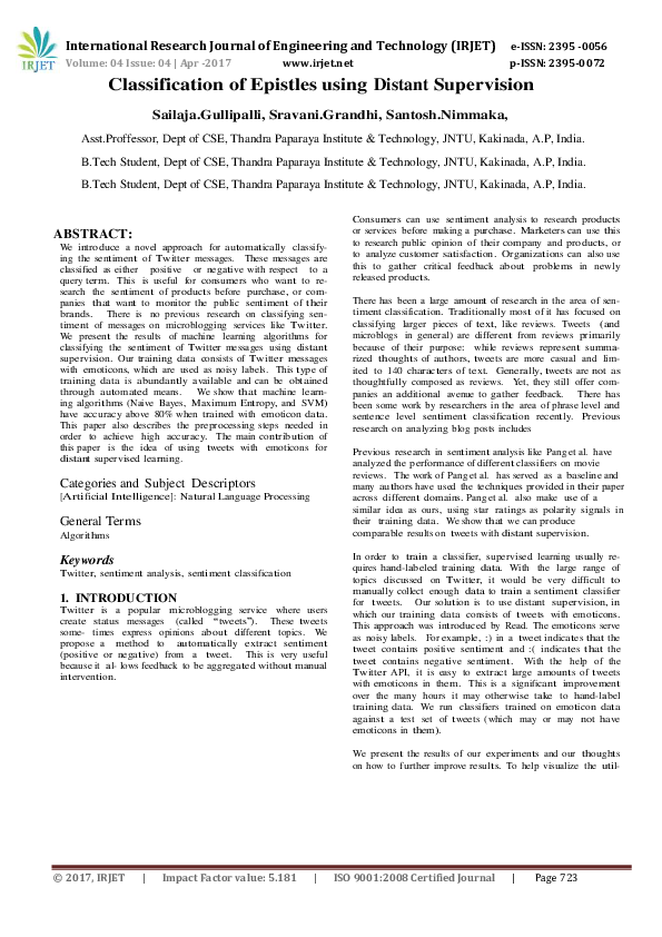 (PDF) Classification of Epistles using Distant Supervision