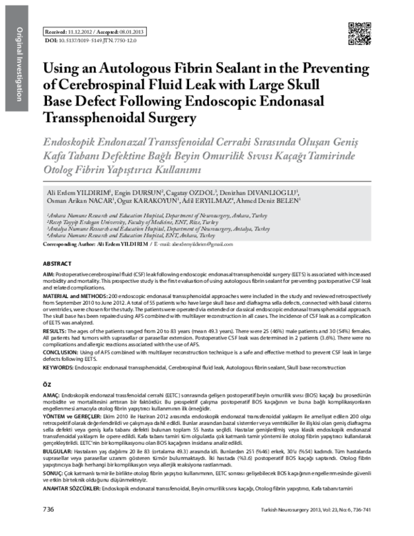 (PDF) Using an autologous fibrin sealant in the preventing of cerebrospinal fluid leak with ...