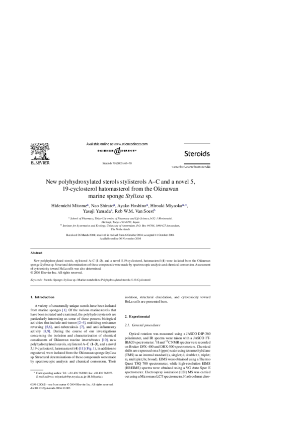 (PDF) New polyhydroxylated sterols stylisterols A–C and a novel 5,19 ...