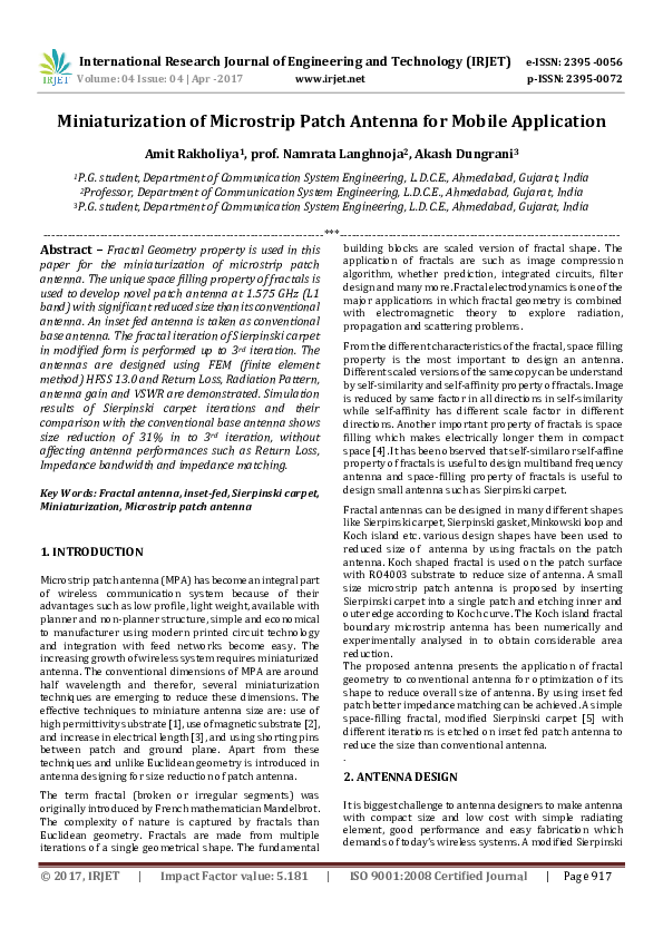 (PDF) Miniaturization of Microstrip Patch Antenna for Mobile Application