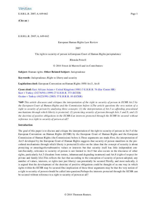 (PDF) The Right to Security of Person in European Court of Human Right ...