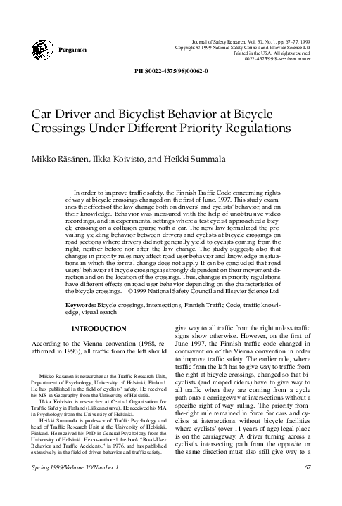 (PDF) Car Driver and Bicyclist Behavior at Bicycle Crossings Under Different Priority Regulations