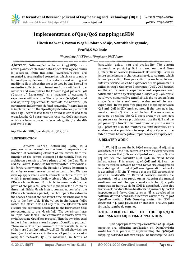 (PDF) Implementation of Qoe/QoS mapping inSDN