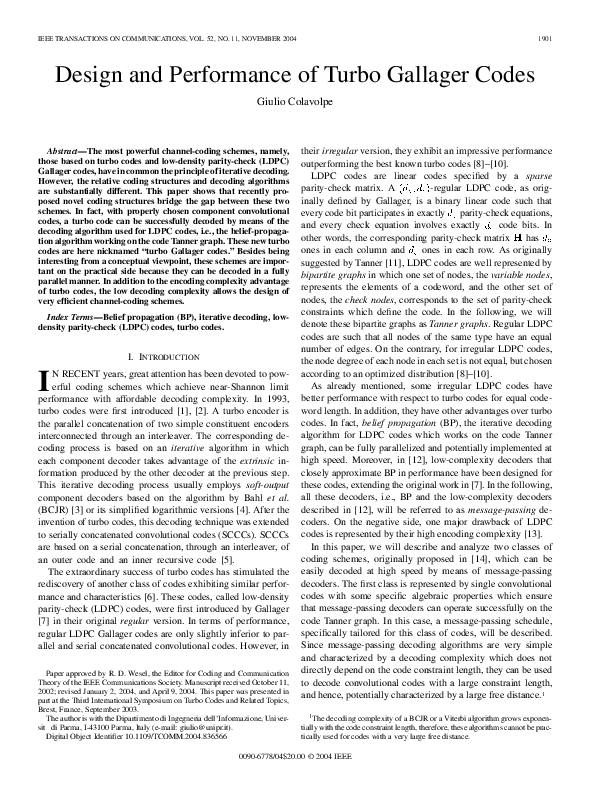 (PDF) Design and Performance of Turbo Gallager Codes