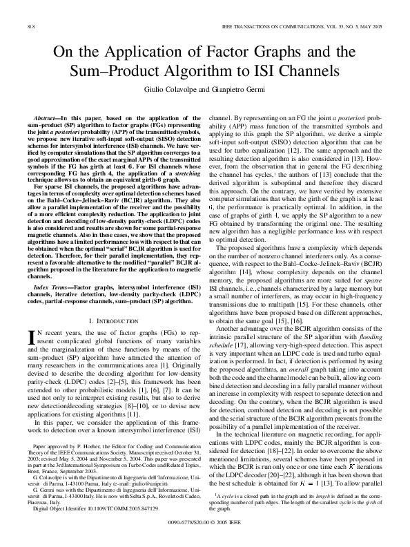 (PDF) On the application of factor graphs and the sum-product algorithm to ISI channels