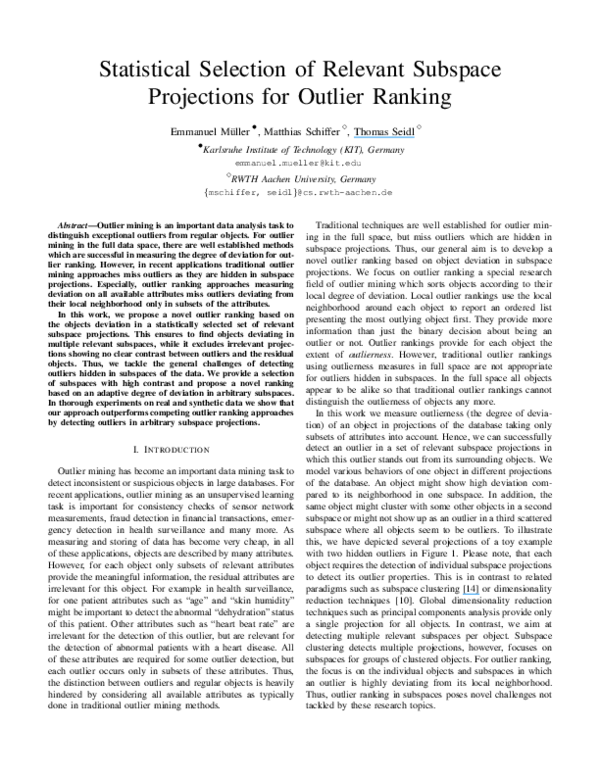 (PDF) Statistical selection of relevant subspace projections for outlier ranking | Thomas Seidl ...