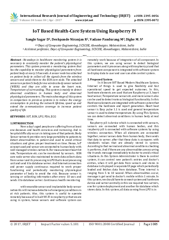 (PDF) IoT Based Health-Care System Using Raspberry Pi