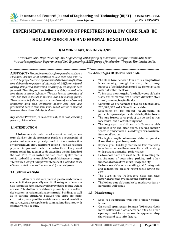 (PDF) EXPERIMENTAL BEHAVIOUR OF PRESTRESS HOLLOW CORE SLAB, RC HOLLOW ...