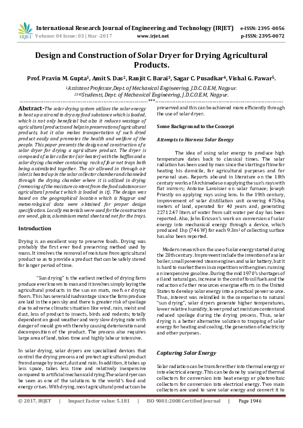 (PDF) Design and Construction of Solar Dryer for Drying Agricultural ...