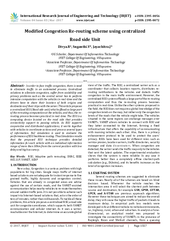 Pdf Modified Congestion Re Routing Scheme Using Centralized Road Side