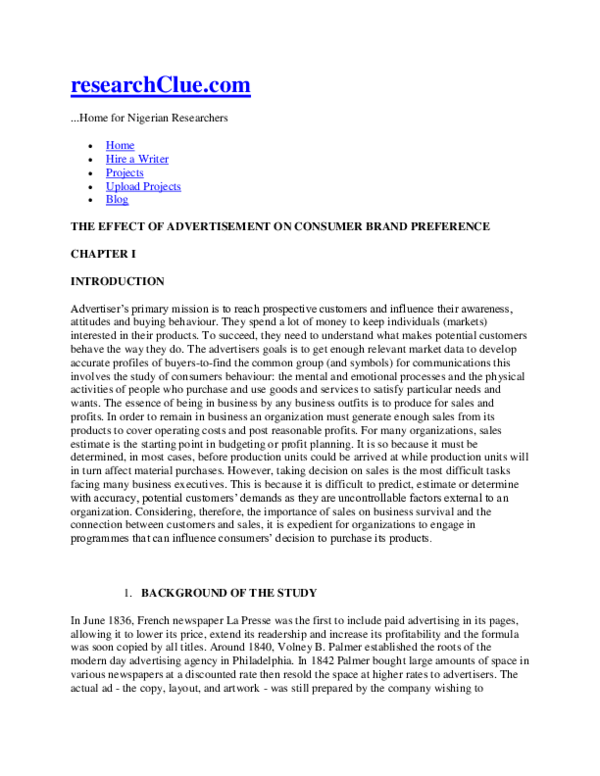 (DOC) THE EFFECT OF ADVERTISEMENT ON CONSUMER BRAND PREFERENCE