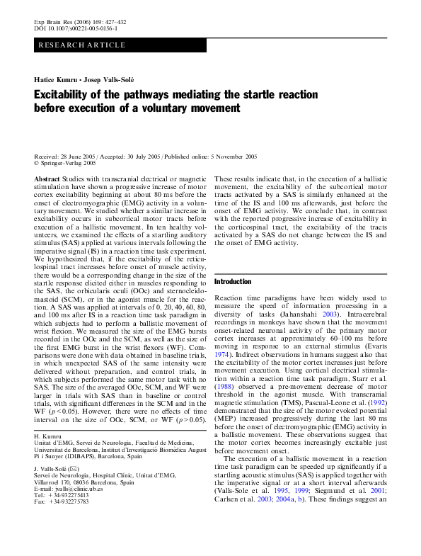 (PDF) Excitability of the pathways mediating the startle reaction ...
