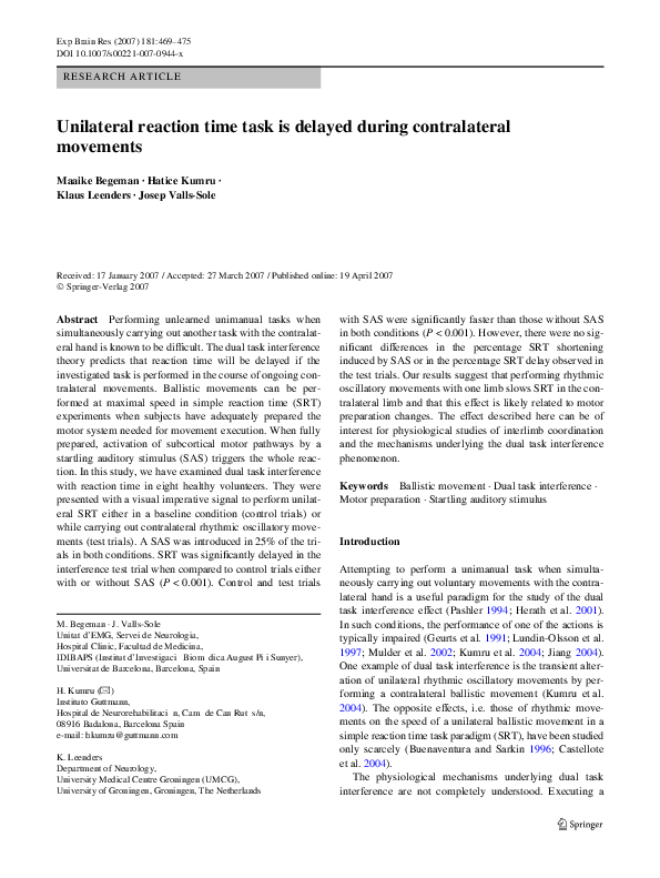 (PDF) Unilateral reaction time task is delayed during contralateral ...