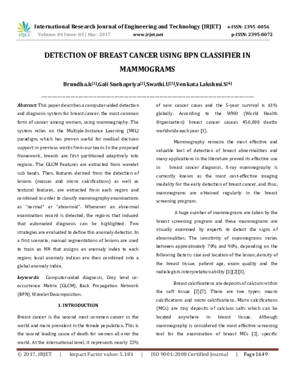 Pdf Detection Of Breast Cancer Using Bpn Classifier In Mammograms