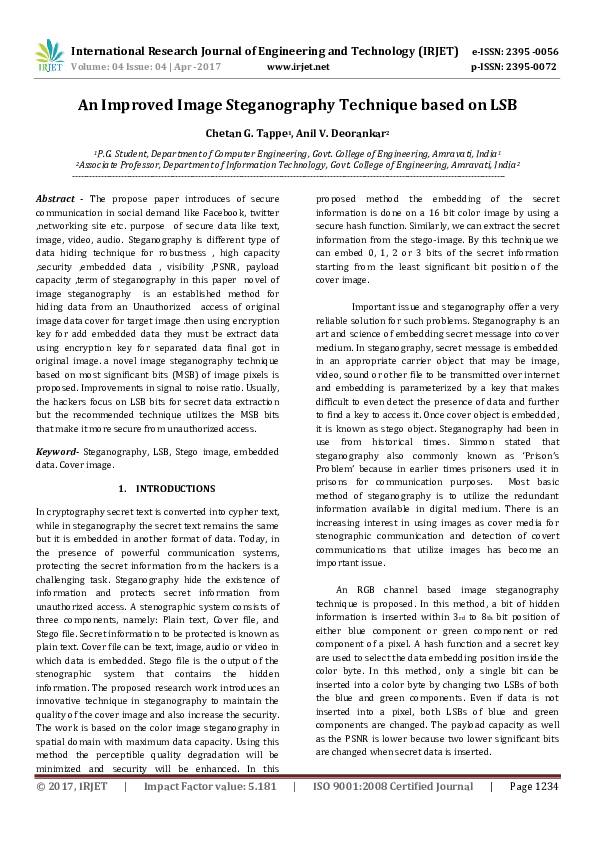 (PDF) An Improved Image Steganography Technique based on LSB