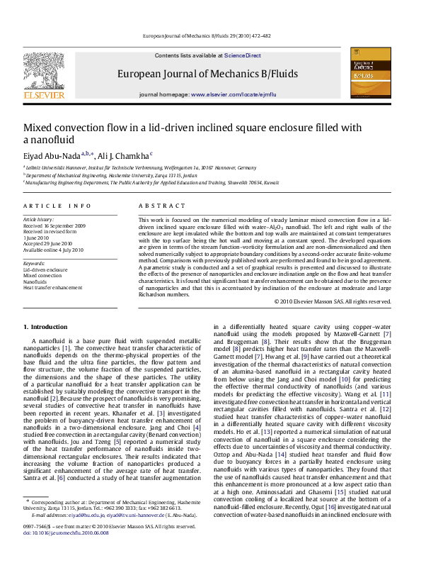 Pdf Mixed Convection Flow In A Lid Driven Inclined Square Enclosure