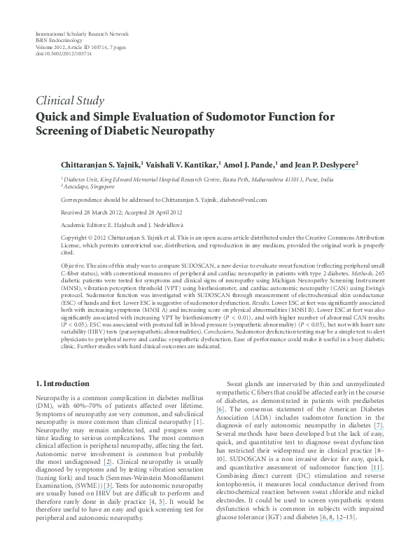 Pdf Quick And Simple Evaluation Of Sudomotor Function For Screening Of Diabetic Neuropathy
