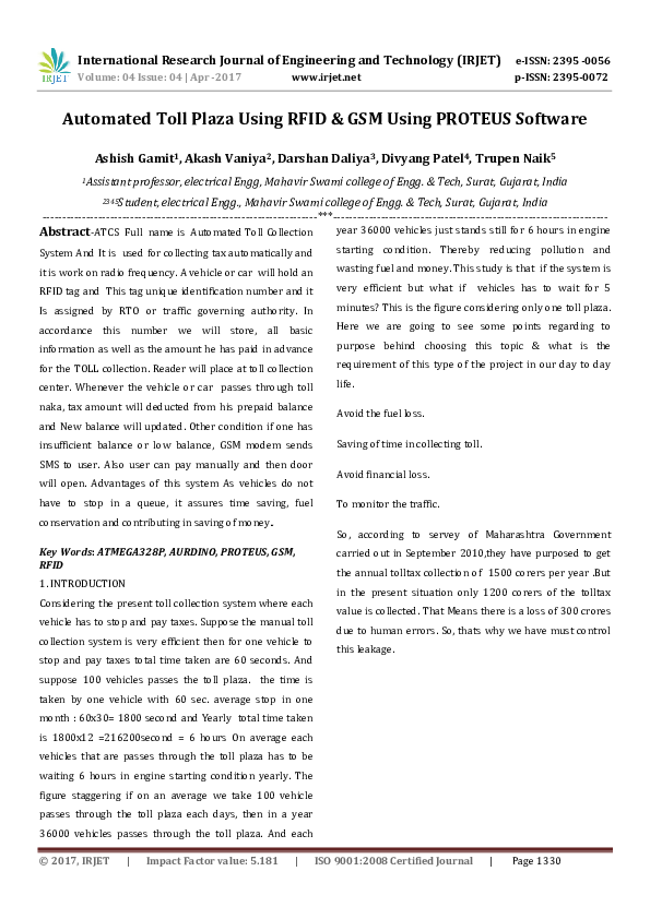 (PDF) Automated Toll Plaza Using RFID & GSM Using PROTEUS Software
