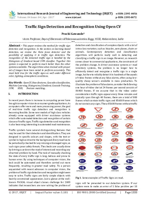(PDF) Traffic Sign Detection and Recognition Using Open CV