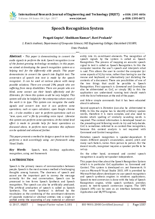 (PDF) Speech Recognition System | IRJET Journal - Academia.edu