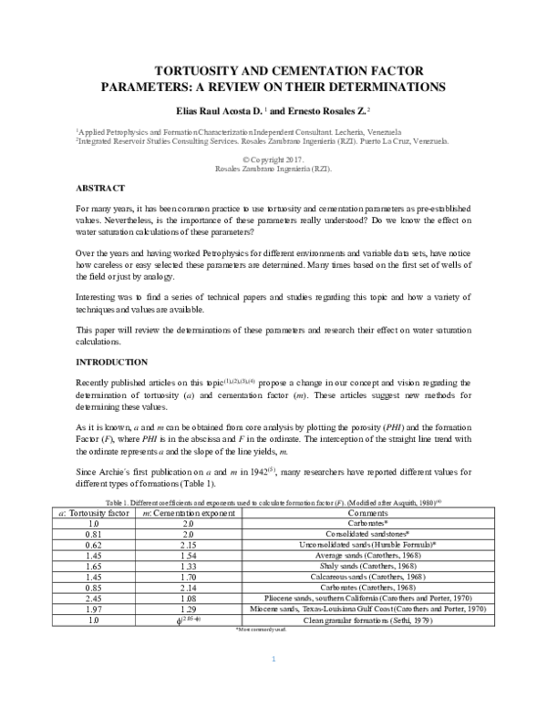 (PDF) TORTUOSITY AND CEMENTATION FACTOR PARAMETERS: A REVIEW ON THEIR ...