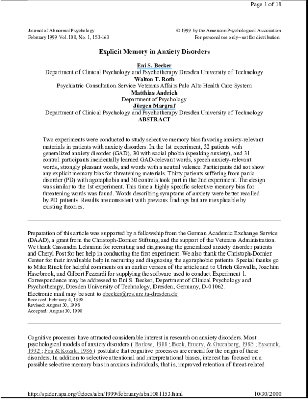 (PDF) Explicit memory in anxiety disorders