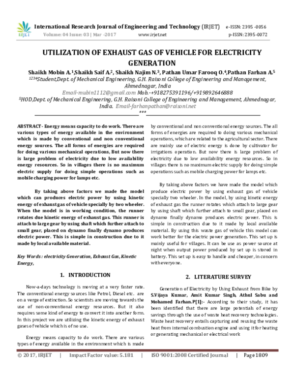 (PDF) UTILIZATION OF EXHAUST GAS OF VEHICLE FOR ELECTRICITY GENERATION