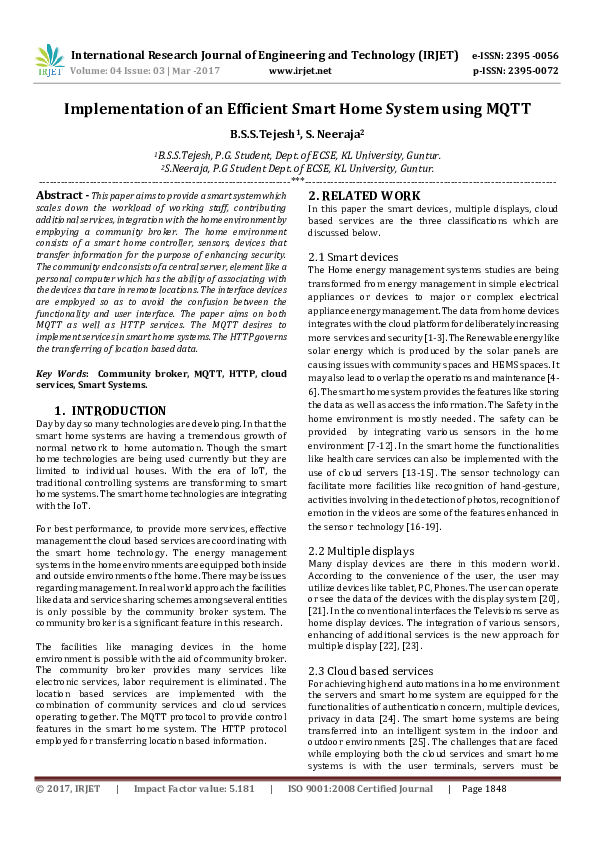 (PDF) Implementation of an Efficient Smart Home System using MQTT