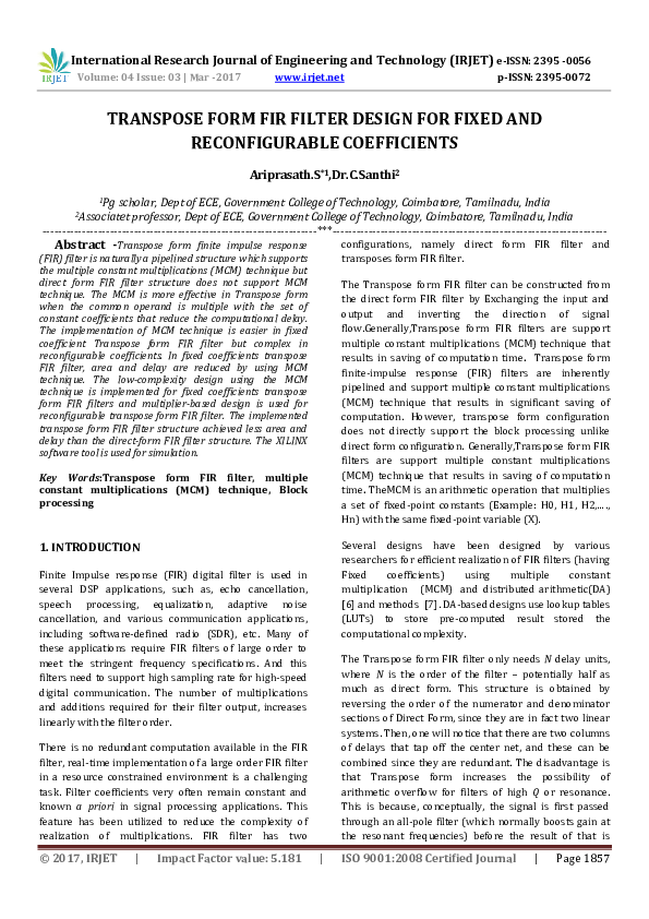 Pdf Transpose Form Fir Filter Design For Fixed And Reconfigurable