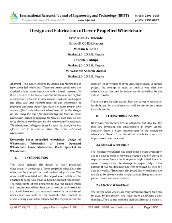 (PDF) Design and Fabrication of Lever Propelled Wheelchair