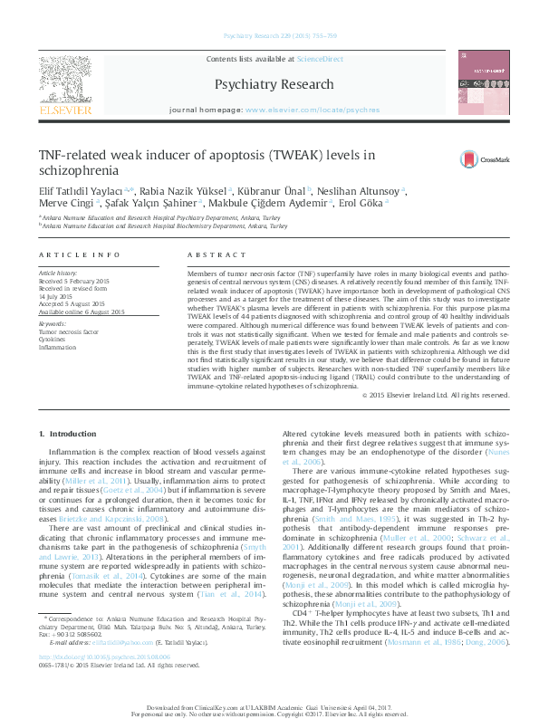 (PDF) TNF-related weak inducer of apoptosis (TWEAK) levels in schizophrenia