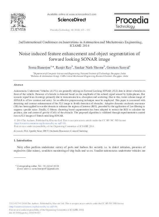 Pdf Noise Induced Feature Enhancement And Object Segmentation Of Forward Looking Sonar Image