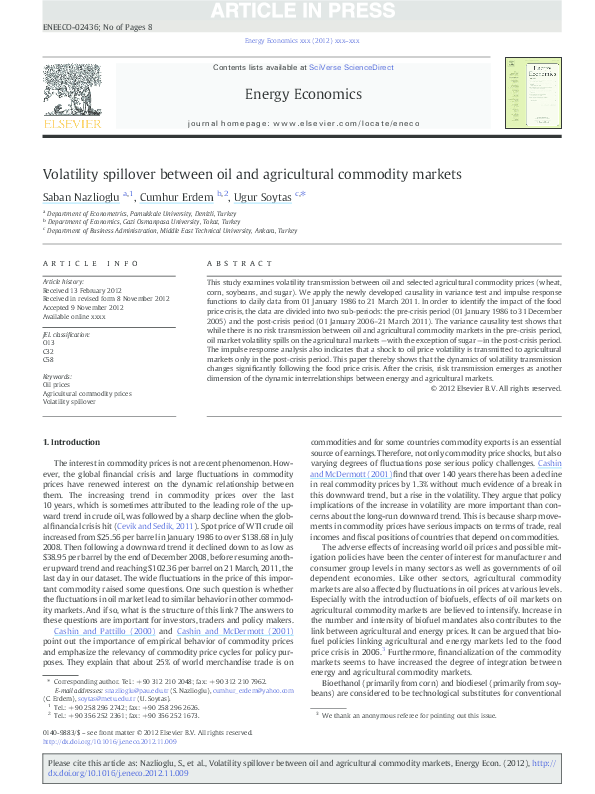 (PDF) Volatility spillover between oil and agricultural commodity markets (PDF) Volatility spillover between oil and agricultural commodity markets