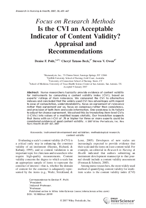(PDF) Is the CVI an acceptable indicator of content validity? Appraisal ...