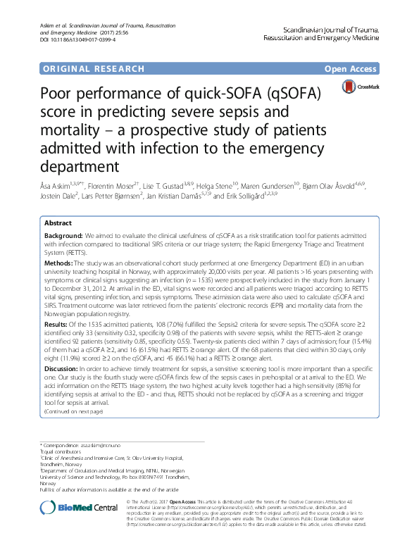 (PDF) Poor performance of quick-SOFA (qSOFA) score in predicting severe ...