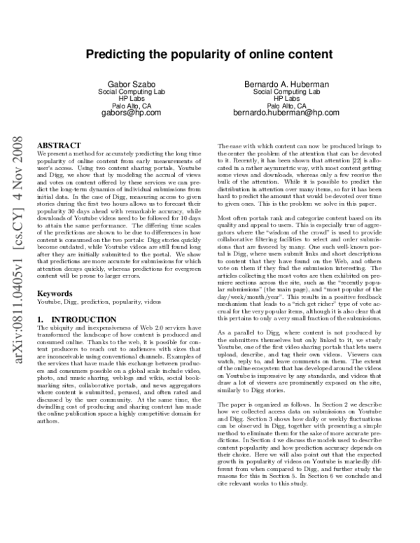 (PDF) Predicting the popularity of online content