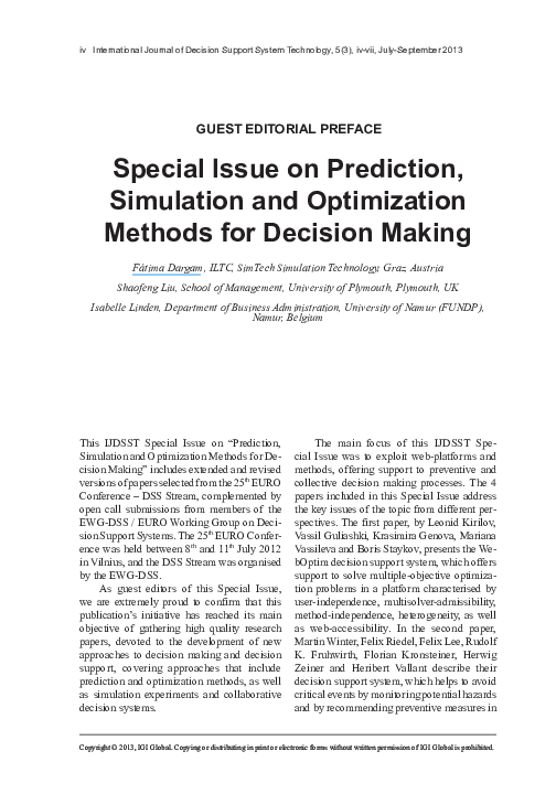 Pdf Prediction Simulation And Optimization Methods For Decision Making Ijdsst Special Issue