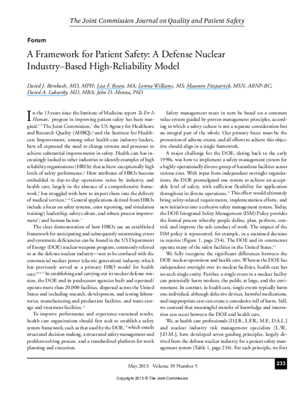 (PDF) A framework for patient safety: a defense nuclear industry--based ...
