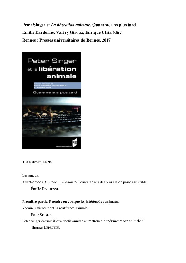 (PDF) Peter Singer et la Libération animale