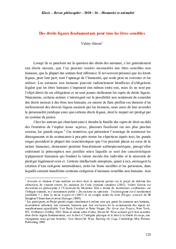 (PDF) Des droits légaux fondamentaux pour tous les êtres sensibles ...