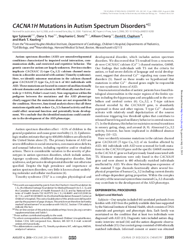 (PDF) CACNA1H Mutations in Autism Spectrum Disorders