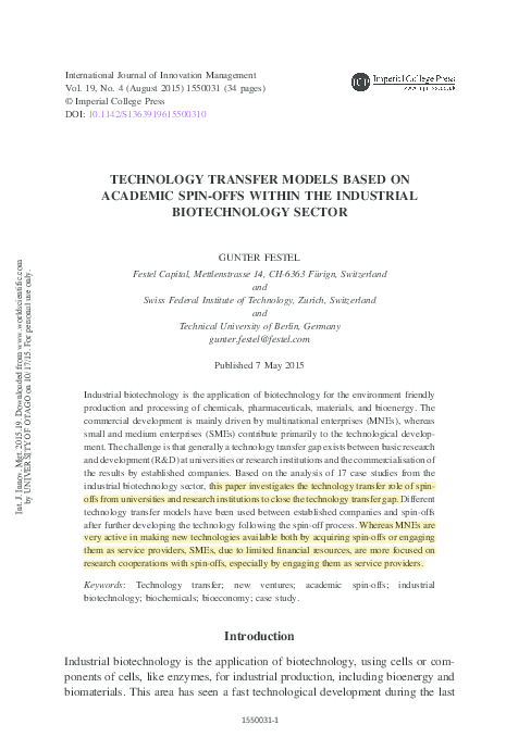 (PDF) TECHNOLOGY TRANSFER MODELS BASED ON ACADEMIC SPIN-OFFS WITHIN THE ...
