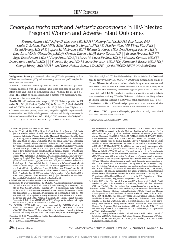 (PDF) Chlamydia trachomatis and Neisseria gonorrhoeae in HIV-infected Pregnant Women and Adverse ...